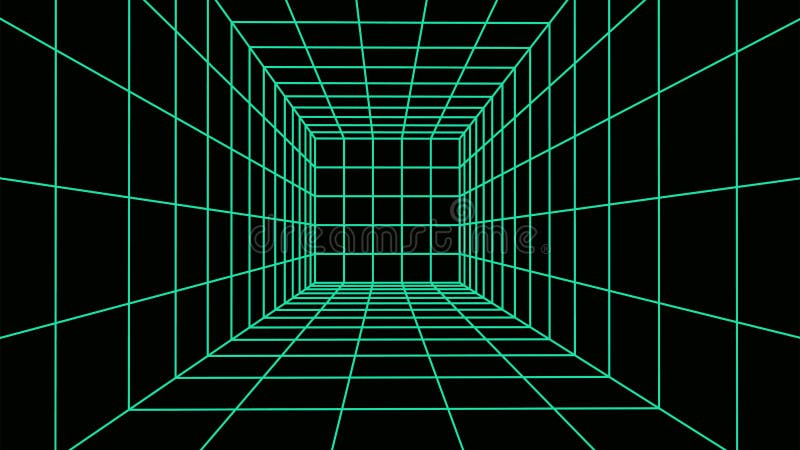 3d Wireframe Green Room. Abstract Perspective Grid. Retro Futuristic ...