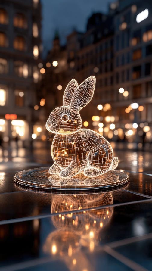 3D Wireframe Hologram Rabbit in Neon Colors on Dark Background with ...