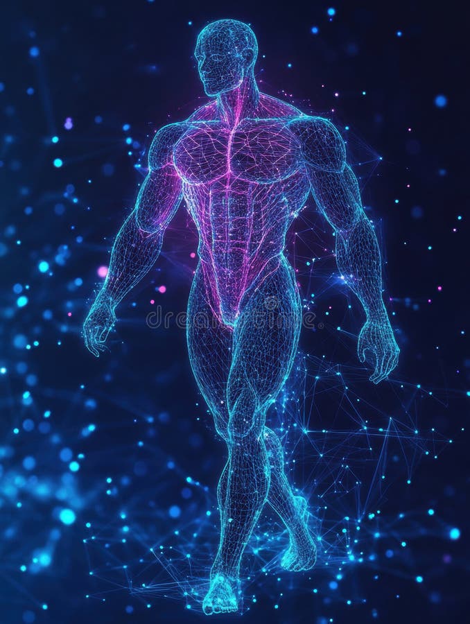 Muscle Structure in 3D Wireframe Mesh with Glowing Contours Depicted on ...