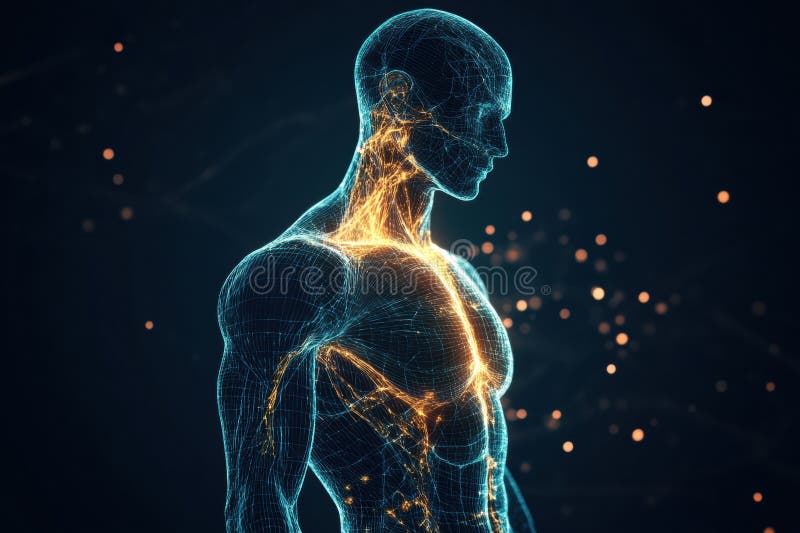 Muscle Structure Represented As 3D Wireframe Mesh with Glowing Contours ...