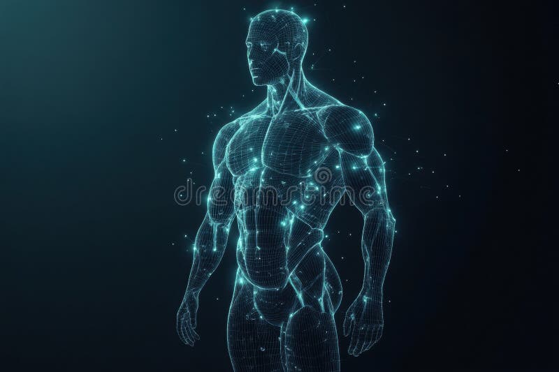 Muscle Structure Illustrated As 3D Wireframe Mesh with Glowing Contours ...