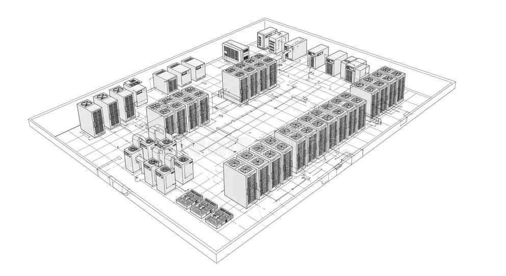 A 3D Wireframe Model of a Data Center Layout, Featuring Rows of Server ...