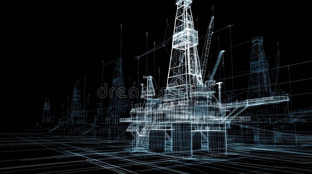 3D Wireframe Model of an Oil Rig Displayed on a Black Background ...