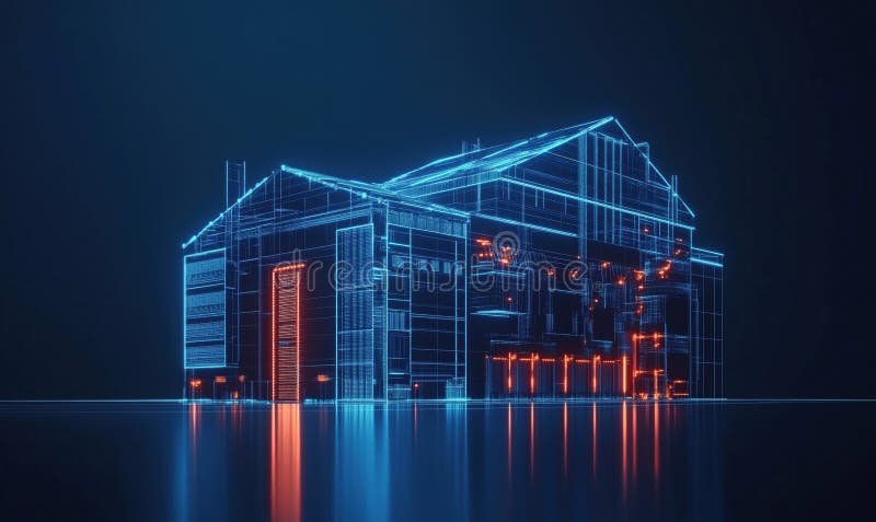 3D Wireframe Model of Modern House with Neon Lights and Reflections ...