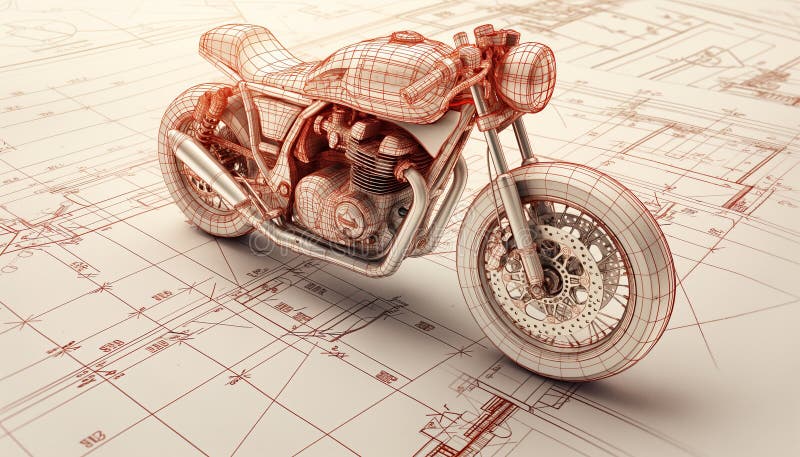 3D Wireframe Motorcycle on Technical Drawing Stock Photo - Image of ...