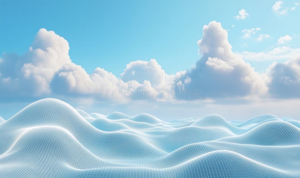 3D Wireframe Ocean Waves Under Blue Sky with Fluffy Clouds Stock Image ...
