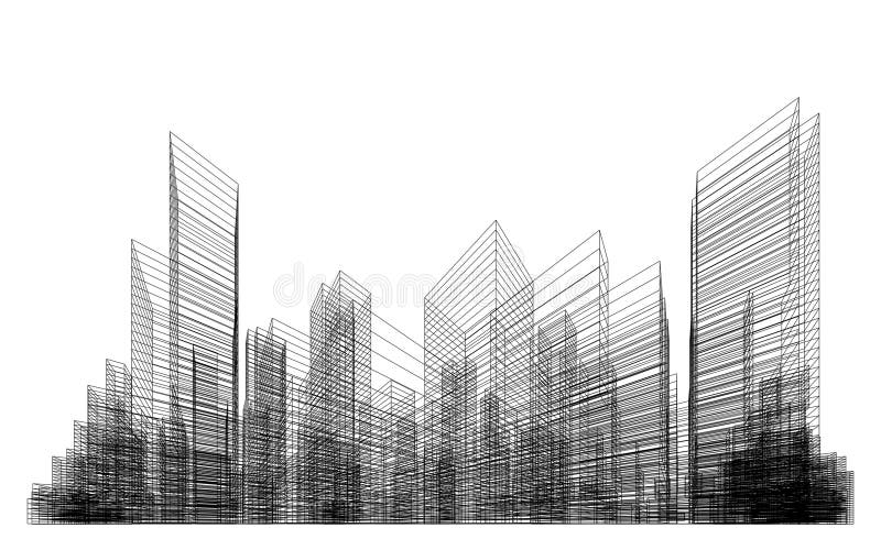 3D Wireframe Perspective of Building. Abstract Wireframe City ...