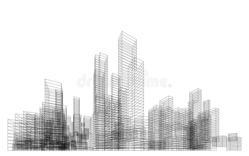 3D Wireframe Perspective of Building. Abstract Wireframe City ...