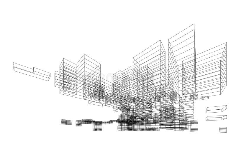 3D Wireframe Perspective of Building. Abstract Wireframe City ...
