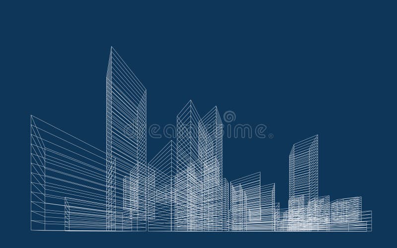 3D Wireframe Perspective of Building. Abstract Wireframe City ...