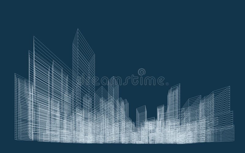 3D Wireframe Perspective of Building. Abstract Wireframe City ...