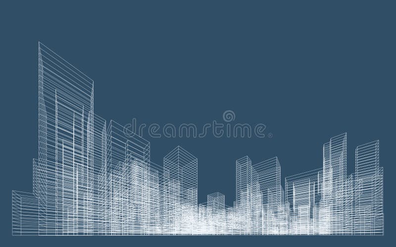 3D Wireframe Perspective of Building. Abstract Wireframe City ...