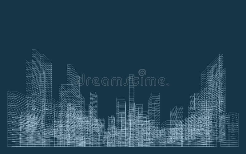 3D Wireframe Perspective of Building. Abstract Wireframe City ...