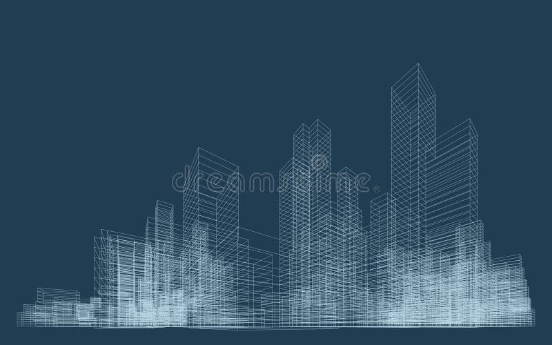 3D Wireframe Perspective of Building. Abstract Wireframe City ...