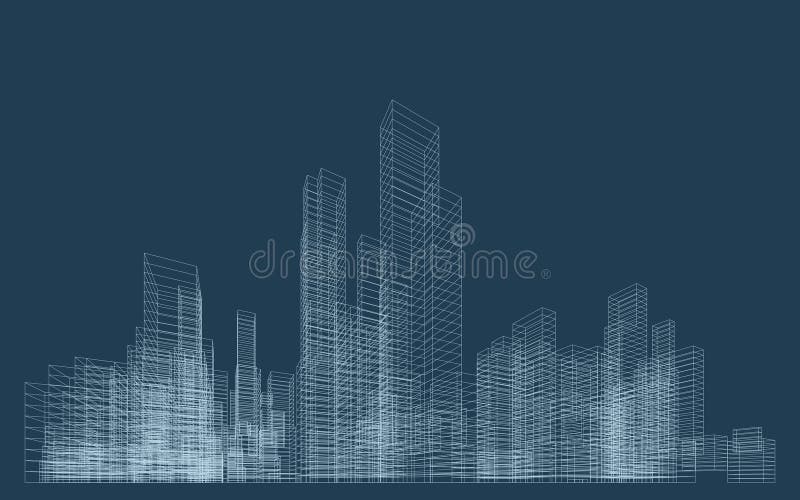 3D Wireframe Perspective of Building. Abstract Wireframe City ...
