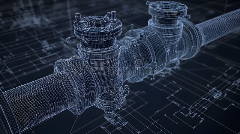 3D Wireframe Render of Industrial Pipe Valves and Flanges on a ...