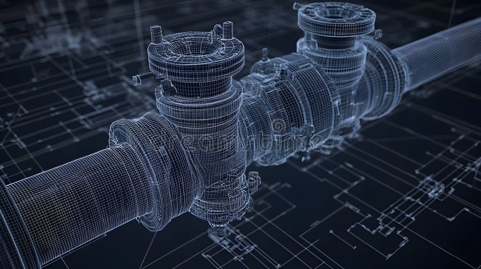 3D Wireframe Render of Industrial Pipe Valves and Flanges on a ...