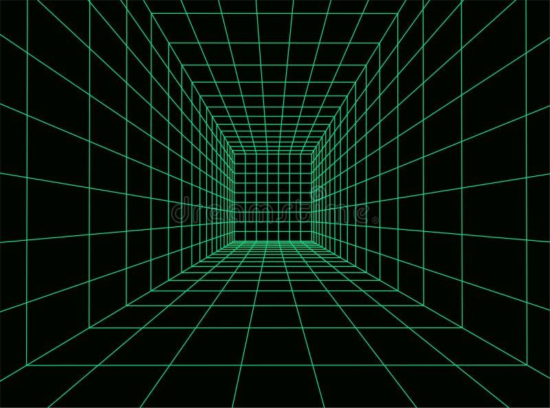 3d Wireframe Room Mesh On Green Background Abstract Perspective Grid