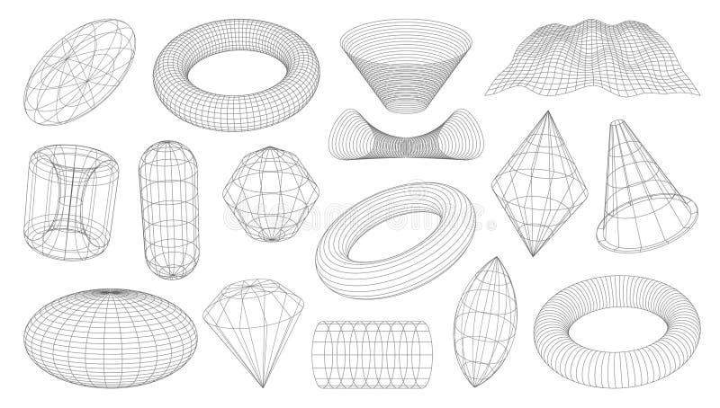 3D Wireframe Shapes, Brutal and Tech Grids Mesh Stock Vector ...