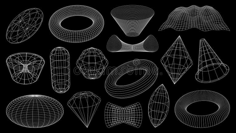 3D Wireframe Shapes, Brutal Tech Grids, Retro Mesh Stock Illustration ...