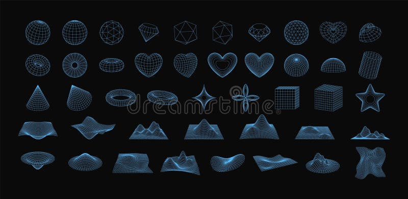 3d Wireframe Shapes Collection, Perspective Grid Figures, Tech Mesh ...