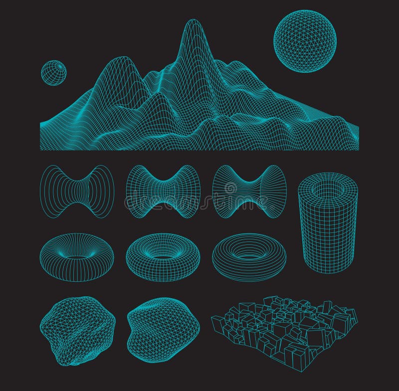 3d Wireframe Shapes. Grid Sphere, Cylinder and Torus, Amorphic Asteroid ...