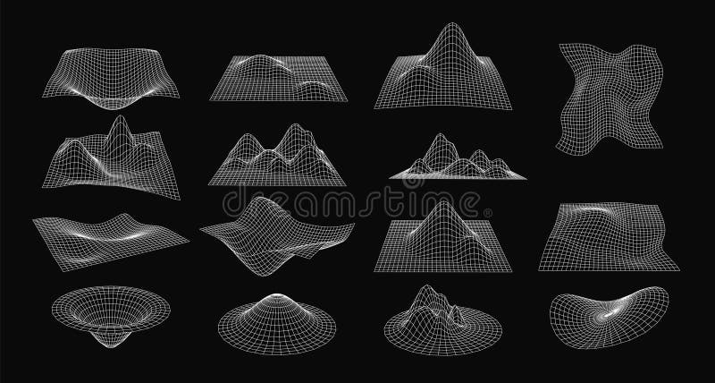 3d Wireframe Shapes, Perspective Grid Waves, Tech Mesh White Line ...