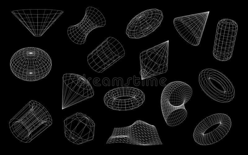 3D Wireframe Shapes and Wire Mesh Grid Forms Stock Vector ...