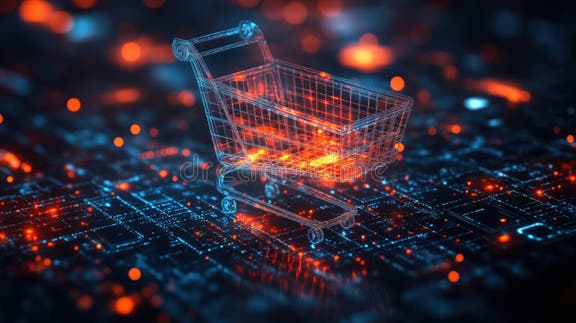 3D Wireframe Shopping Cart on Digital Background with Glowing Circuit ...