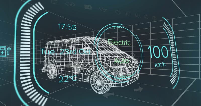 3D Wireframe SUV Model Floating Inside Virtual Grid Interface, Displaying Gauges Time Speed ...