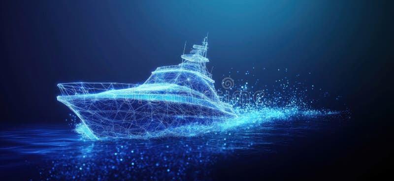 3D Wireframe Yacht Sailing through Digital Water with Glowing Particles ...