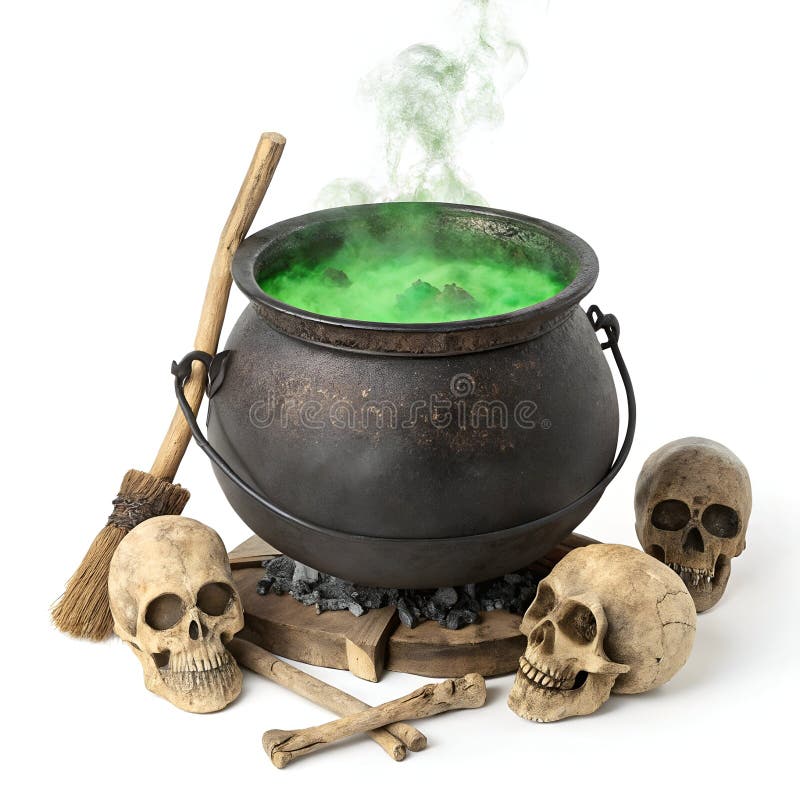 3D Witch S Cauldron with Green Potion Bones and Skulls Stock ...