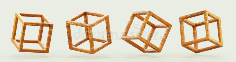 3d Wooden Cube Block Frame, Wireframe Square Box in Different Angles ...