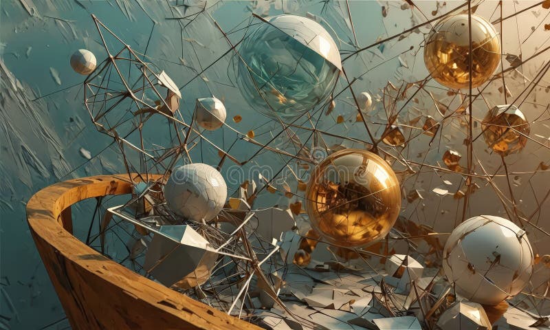 3D Wooden Structure with Curved Top and Collection Spherical Objects in ...