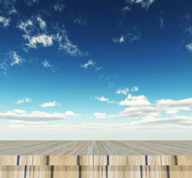 3D Wooden Table Looking Out To a Blue Sky Stock Illustration ...