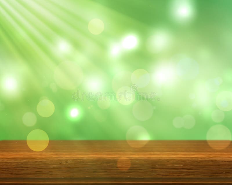 3D Wooden Table with Sun Rays Looking Out To a Defocussed Landscape ...