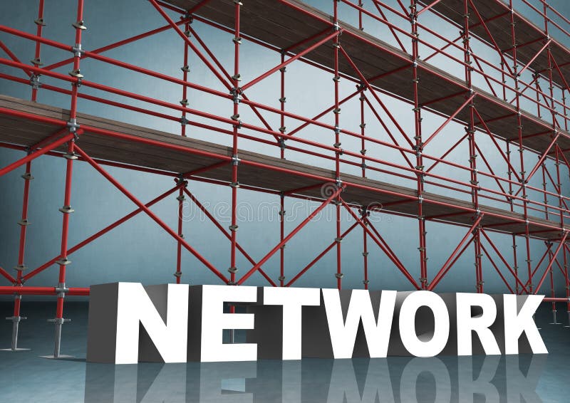 3D Word Network in Front of Scaffolding in Blue Room Stock Illustration ...