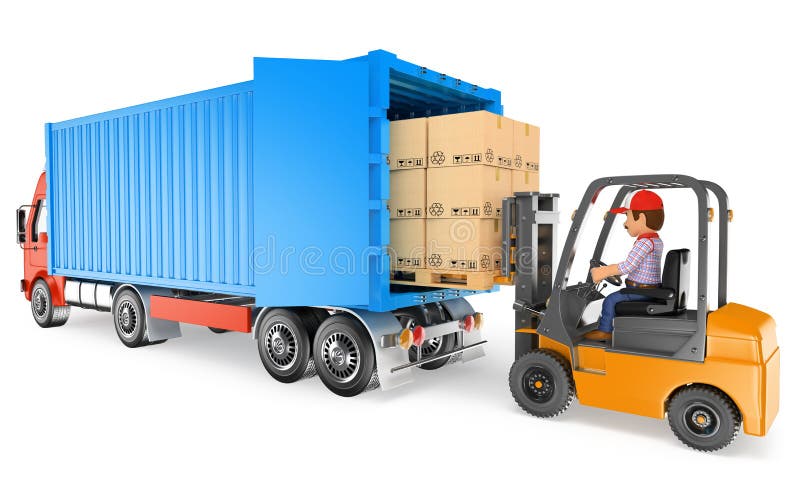 3D Worker Driving a Forklift Loading a Container Truck Stock ...