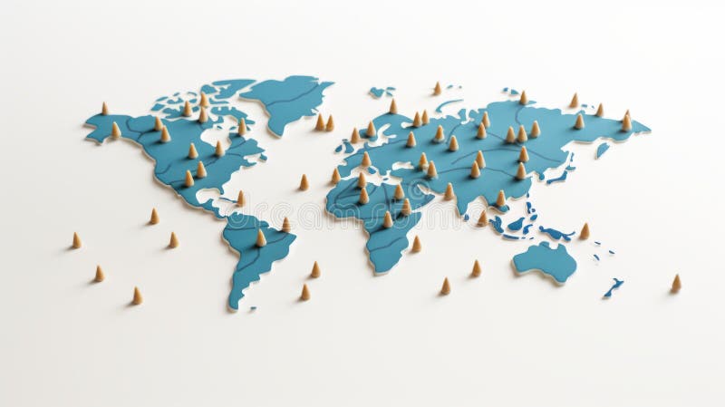 A 3D World Map in Blue with White Borders, Highlighted by Orange ...