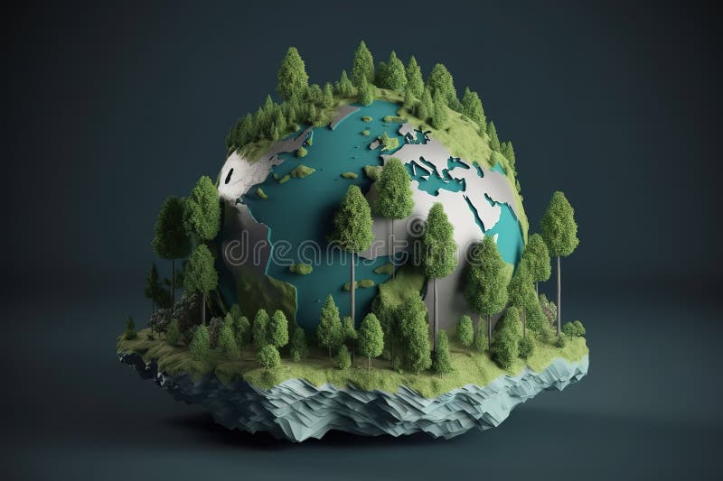 3D World Map Green Planet Earth Day or Environment Day Concept World ...