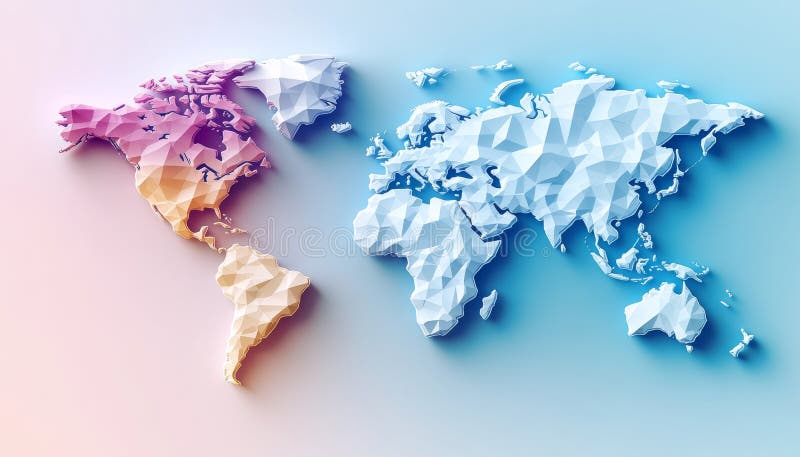 3D World Map Illustration with Polygon Shaped Continents on a Colorful ...