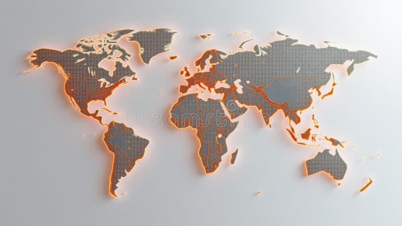 A 3D World Map with Orange Glow Stock Illustration - Illustration of ...