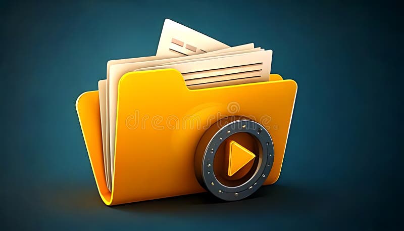 A 3D Yellow Cartoon Folder with a Play Button and Documents Stock ...