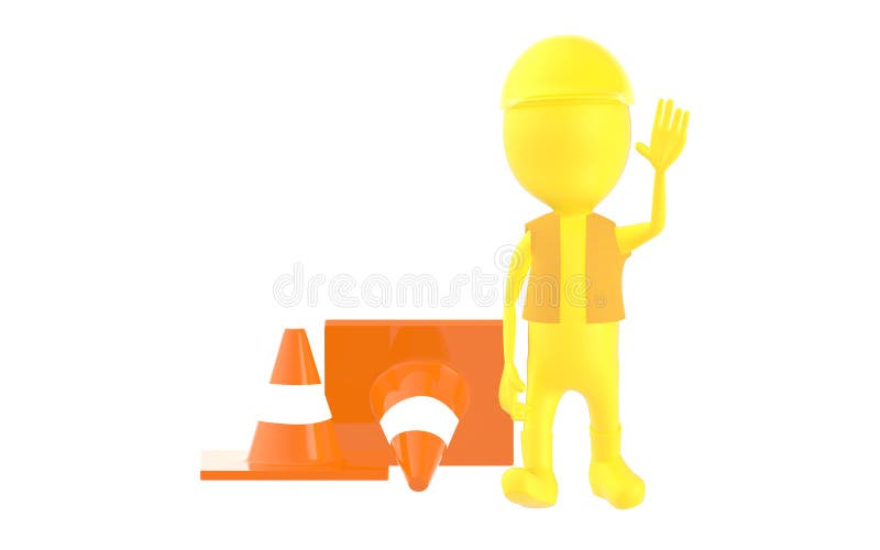 3d Yellow Character Work Men Showing Stop Gesture , Traffic Cones ...
