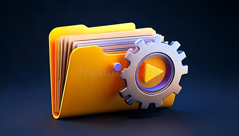 A 3D Yellow Folder with Paper Inside and Metal Cogwheel with Play ...
