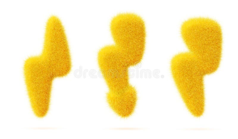 3d Yellow Fur Fluffy Lightning Bolt of Different Shape Render. Soft ...