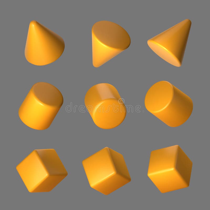 3d of Yellow Geometric Shape Set. Realistic Orange Geometric Cube, Cone ...