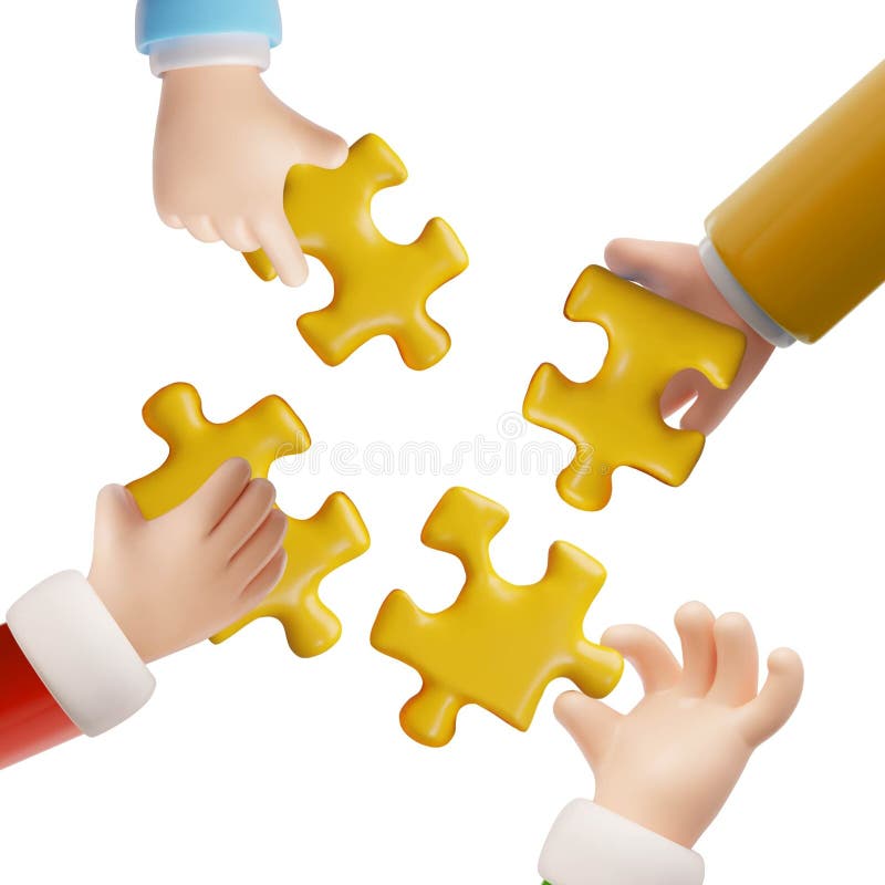 3D Yellow Jigsaw Puzzle Pieces Connect Hands, Vector 3D Symbol of ...
