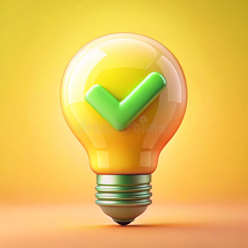 3D Yellow Light Bulb with Green Check Mark Stock Image - Image of check ...