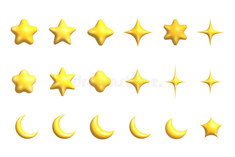 3D Yellow Stars Set. Realistic 3d Yellow Stars and Crescent Moon Set ...